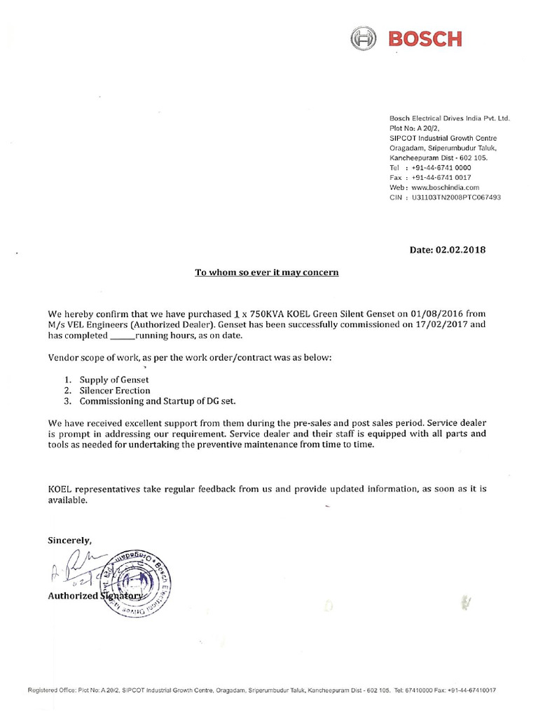 Bosch 750KVA Feedback Letter | PDF