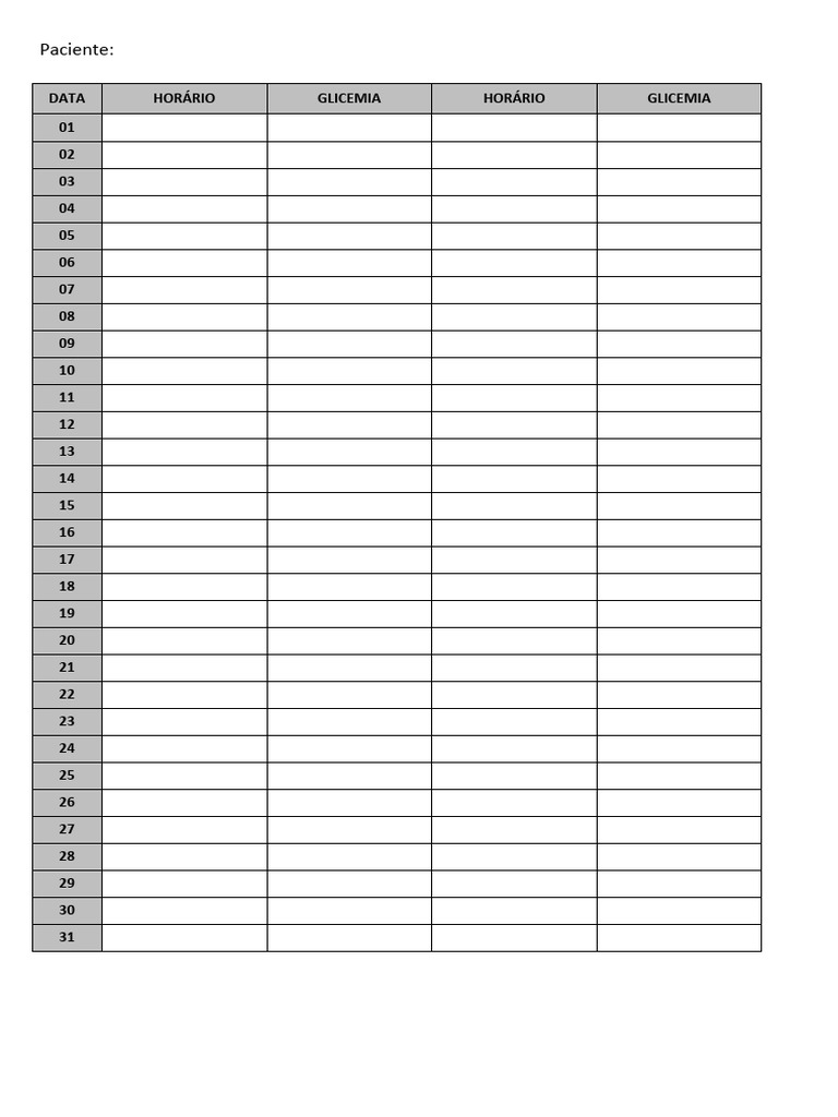 Tabela Controle Glicemia 2021 | PDF