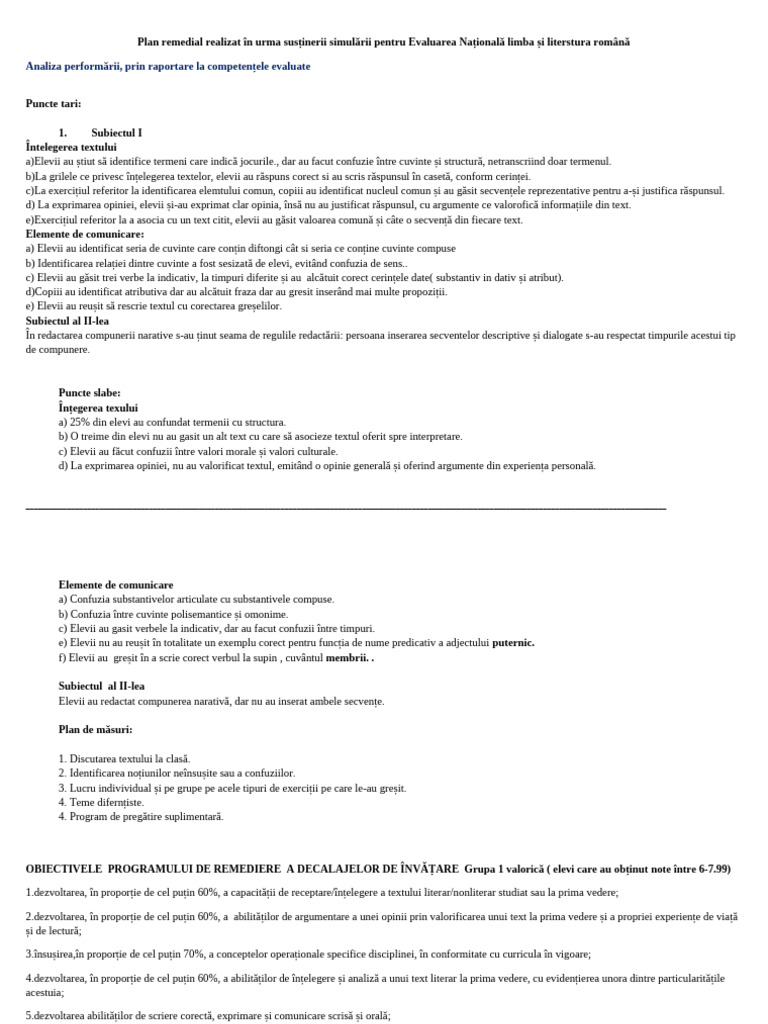 Plan Remedial Realizat in Urma Sustinerii Simularii Pentru Evaluarea ...