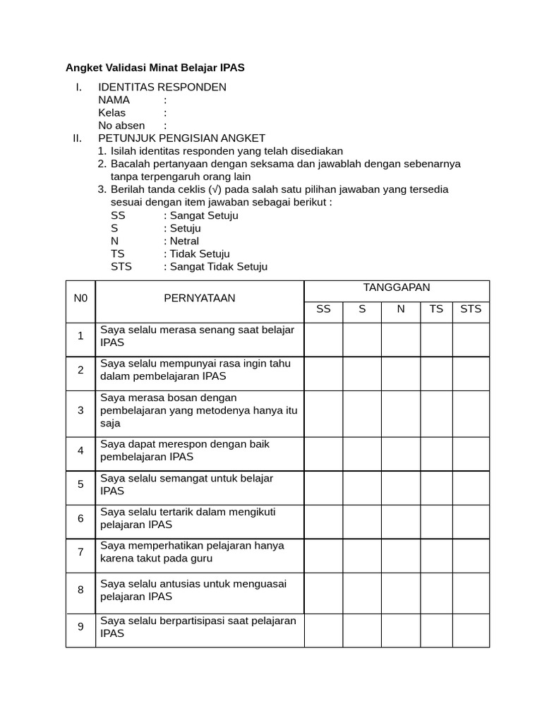 Angket Validasi Minat Belajar IPAS | PDF