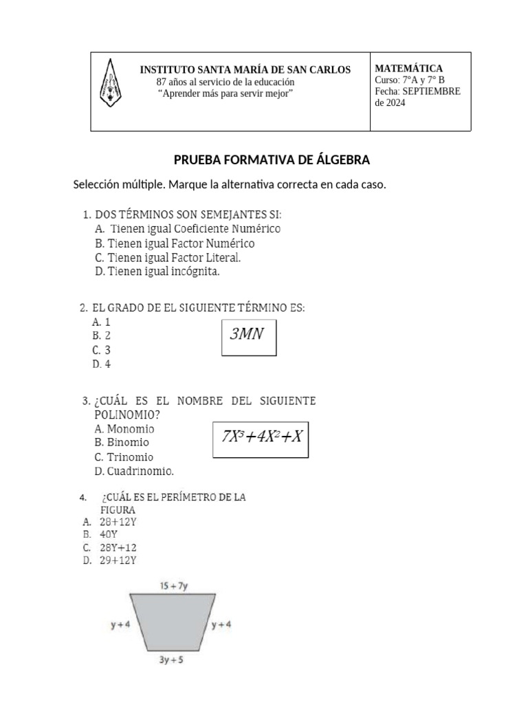 Prueba Formativa de Algebra 7mo | PDF