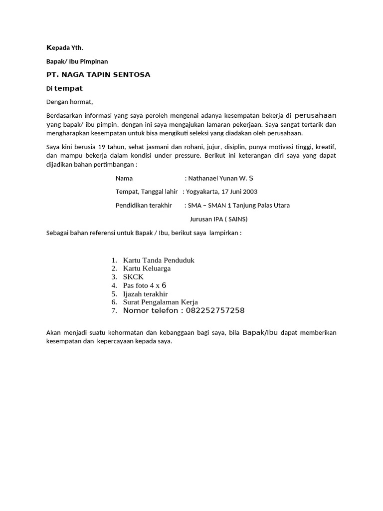 Surat Lamaran Pekerjaan Kepada Pt. MAP | PDF