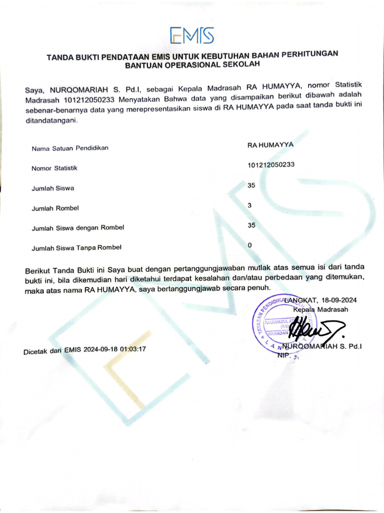 Tanda Bukti Pendaftaran Emis Ra, Mi Humayya | PDF