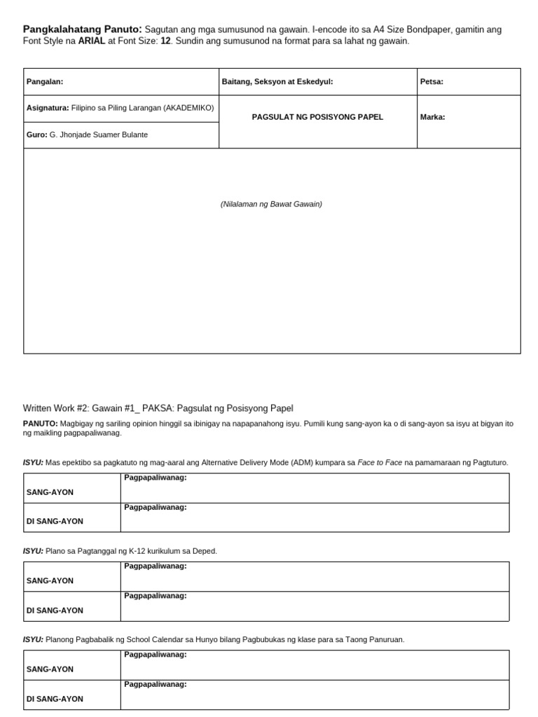 ACTIVITY SHEETS FILsaPL - PAGSULAT NG POSISYONG PAPEL | PDF