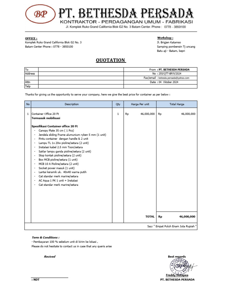 QTT Container Office 20 FT - NDT | PDF