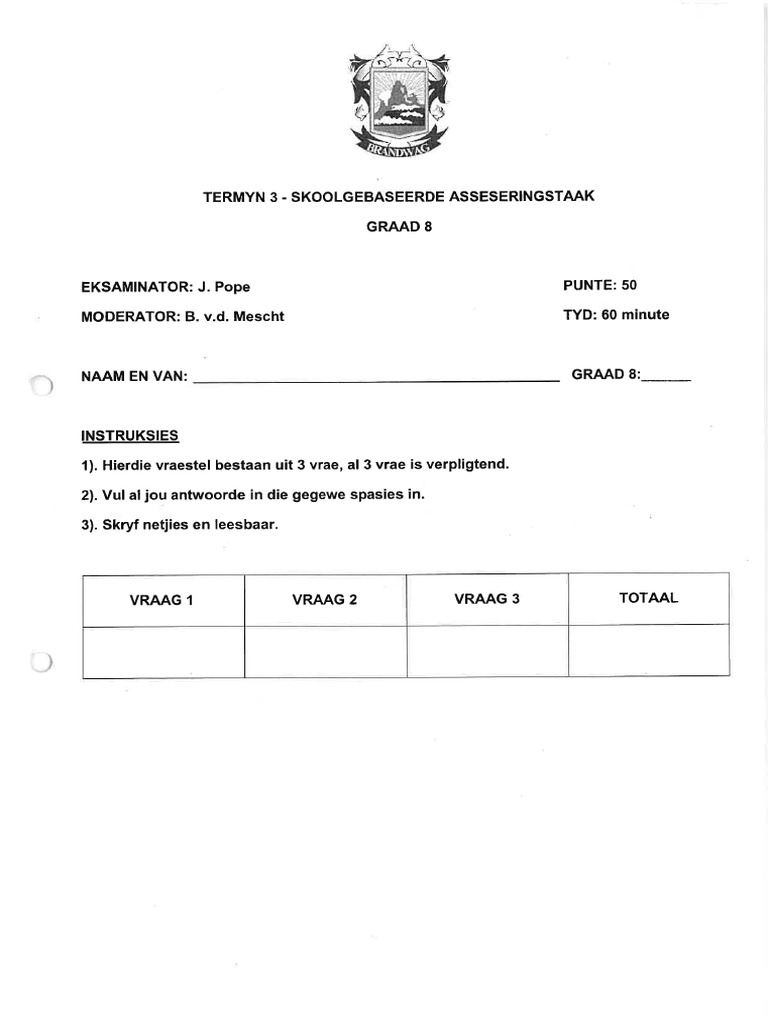 Grade 8 Ems Past Test: Afrikaans | PDF