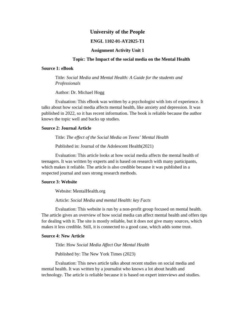 ENGL 1102 Assignment Activity Unit 1 | PDF