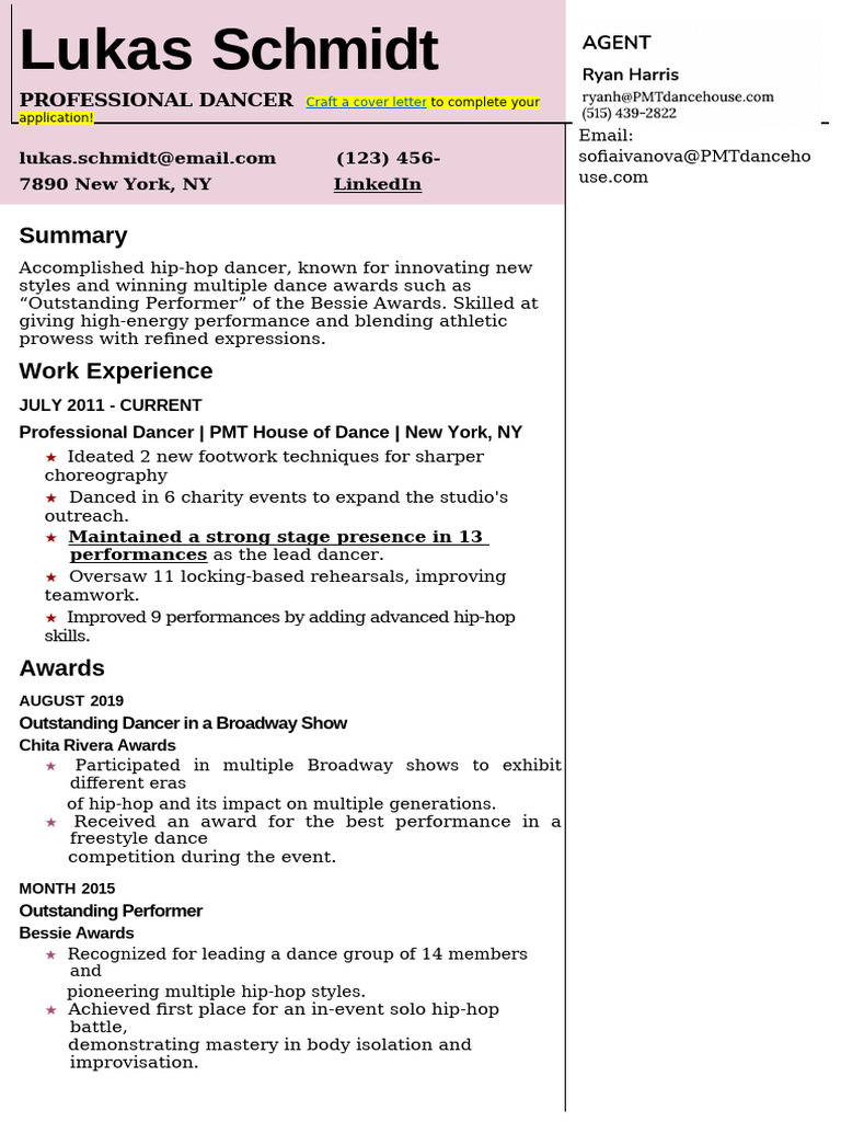 Dance Word Resume Template | PDF