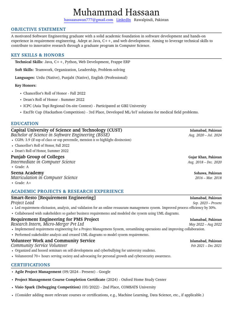 Hassan Resume | PDF | Pakistan | Computer Science