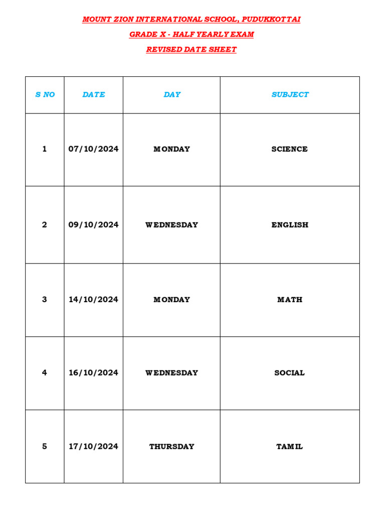 Grade X - Half Yearly Exam - Revised Date Sheet | PDF