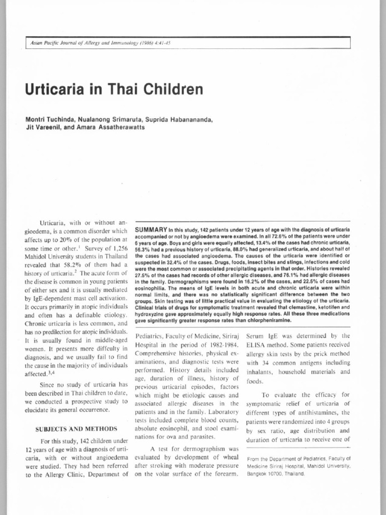 8 Urticariain Thai Children APJAIVol 4 June 1986 P41 | PDF
