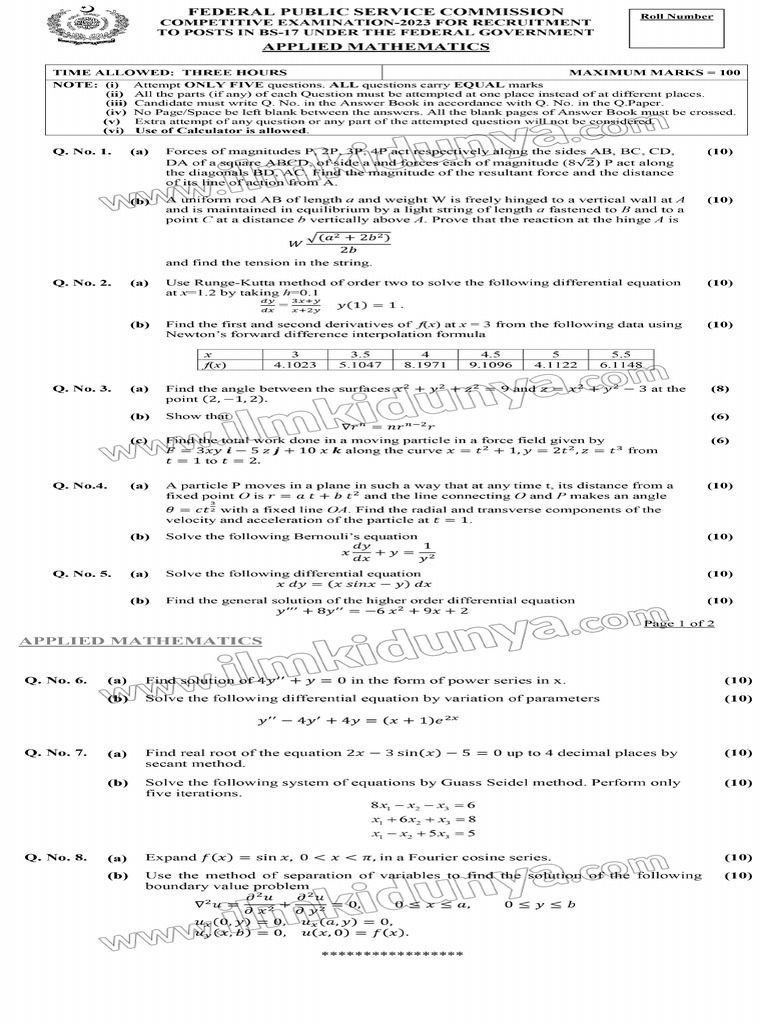 CSS Past Paper 2023 Applied Mathematics Subjective | PDF