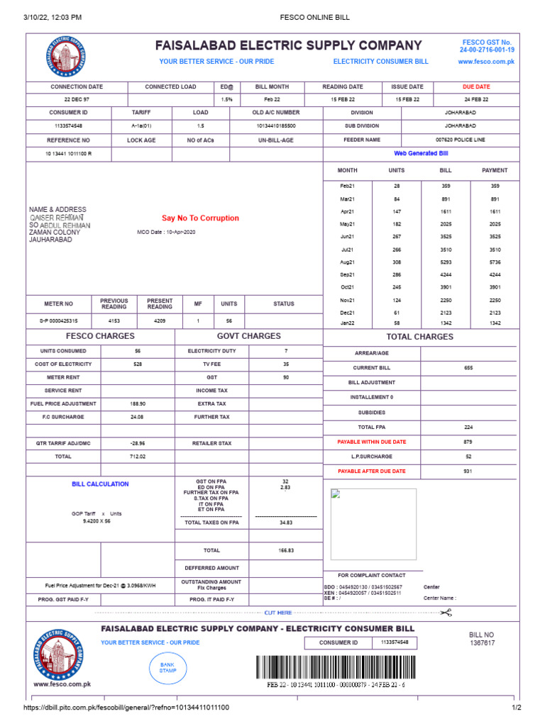 Fesco Online Bill | PDF