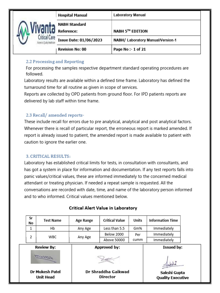 Lab Critical Alert | PDF