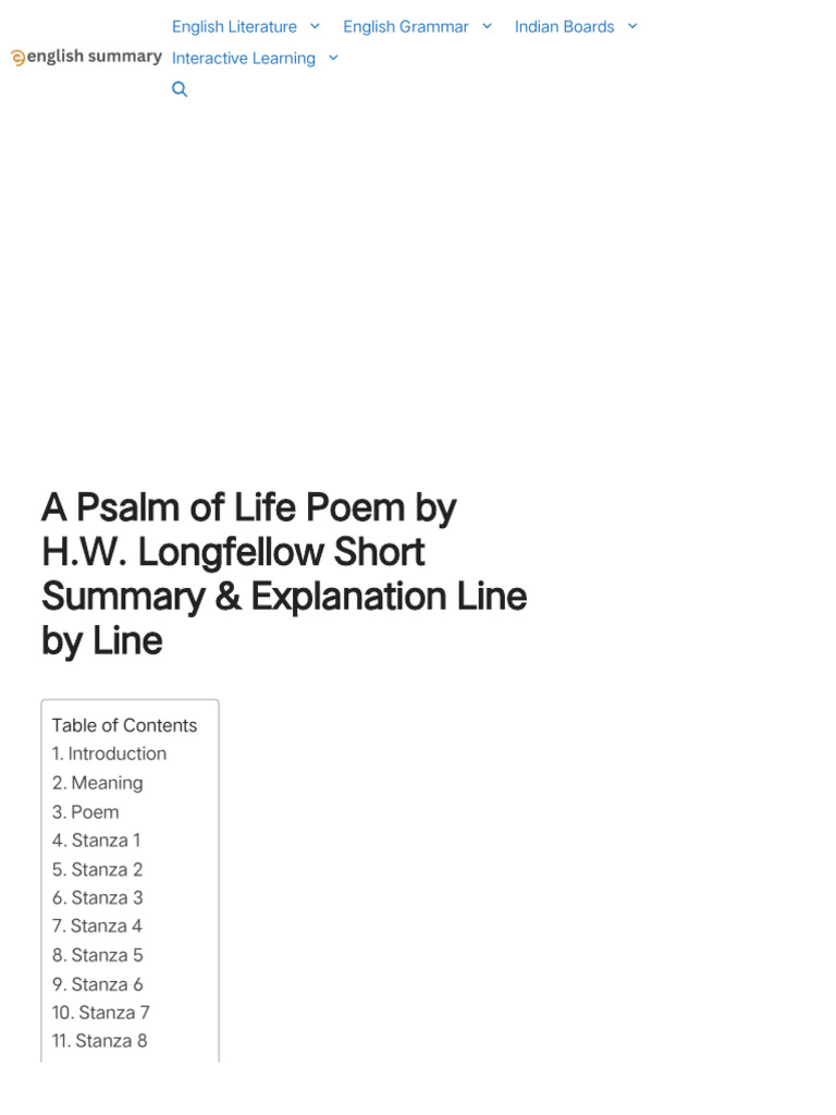 A Psalm of Life Poem by H.W. Longfellow Short Summary & Explanat | PDF
