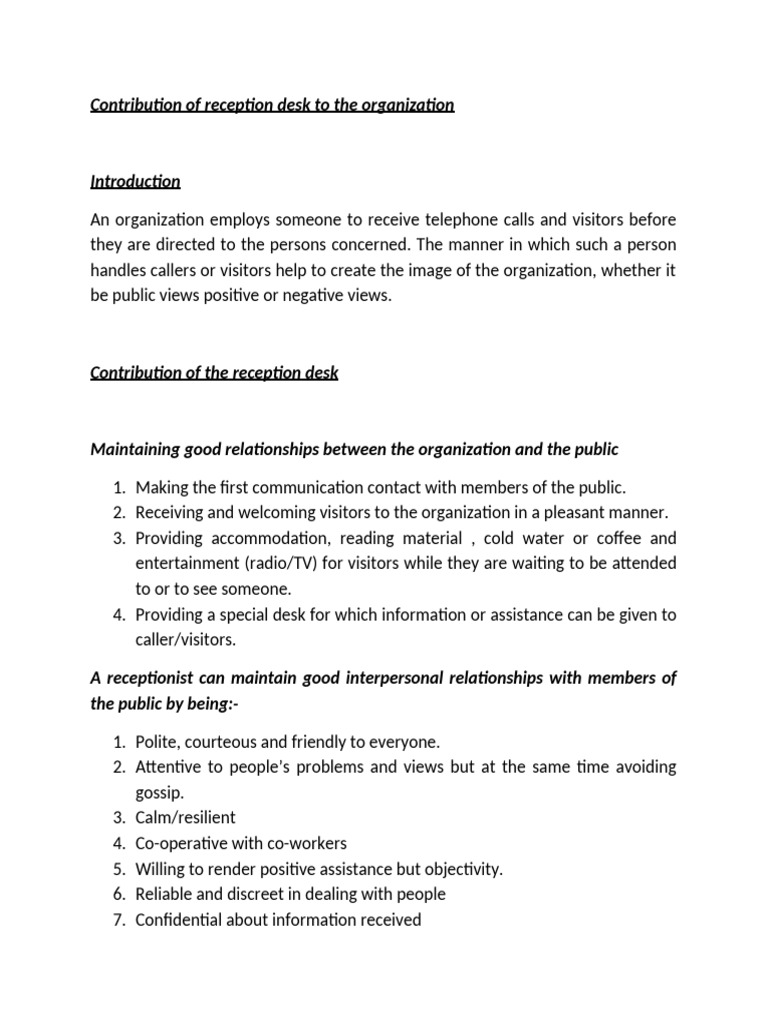 Handout 6 RECEPTIONIST AND HOSPITALITY | PDF