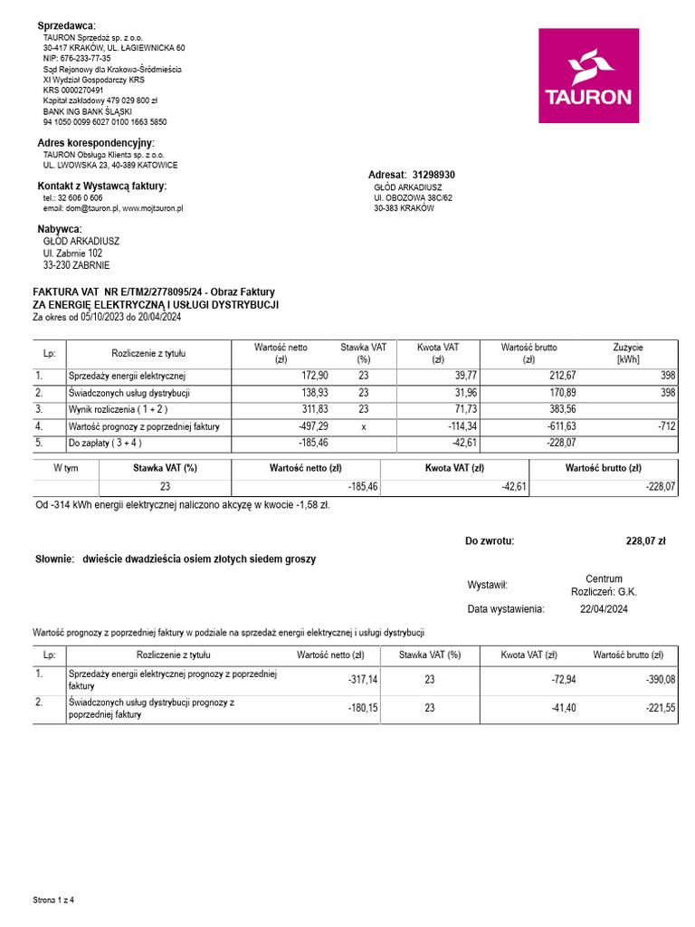Od - 314 KWH Energii Elektrycznej Naliczono Akcyzę W Kwocie - 1,58 ZŁ | PDF