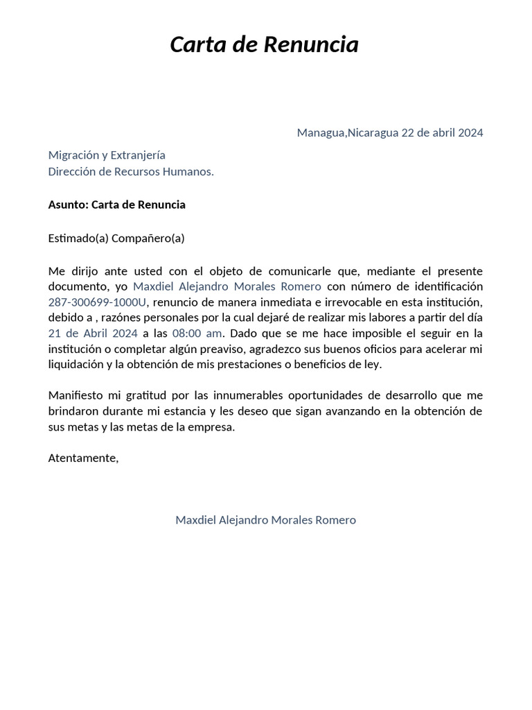 28 Modelo Carta de Renuncia Inmediata | PDF | Crecimiento personal y ...