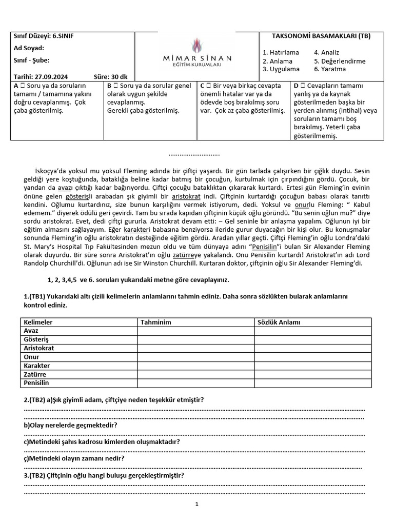 TURKCE 6. SINIF 27 Eylul | PDF