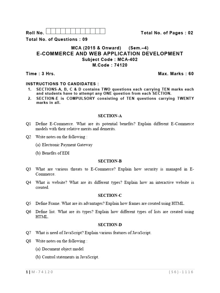 Mca 4 Sem e Commerce and Web Application Development 74120 May 2019 | PDF