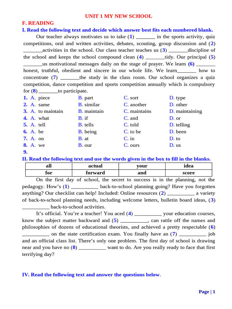 Bài Tập Anh 6 Theo Chuyên Đề 7. READING E6 (UNIT 1-6) | PDF
