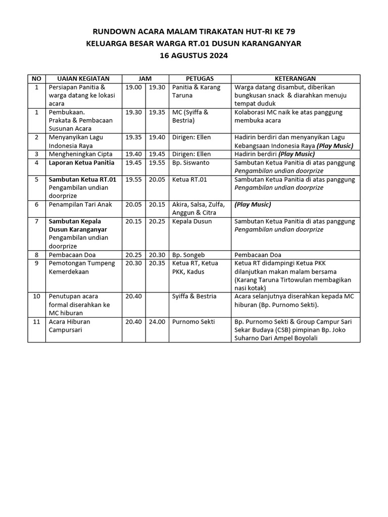 RUNDOWN ACARA MALAM TIRAKATAN HUT RI 49 | PDF