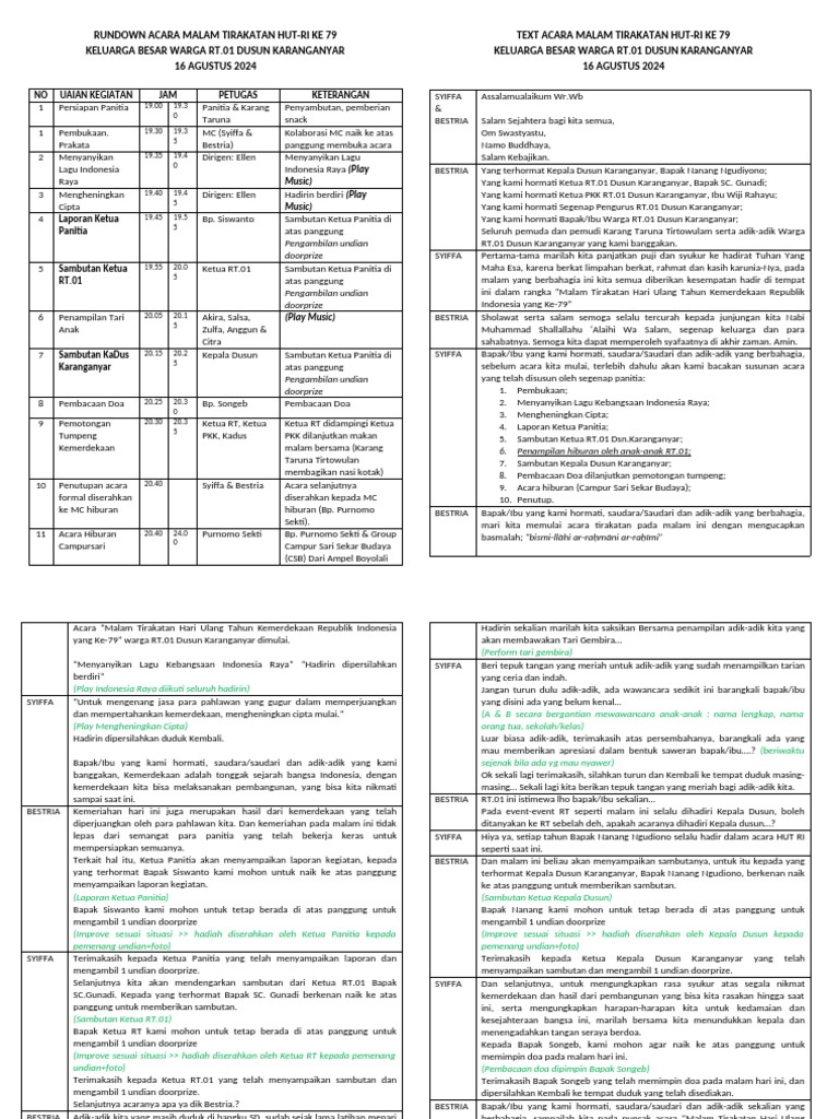 RUNDOWN ACARA MALAM TIRAKATAN HUT RI 49 Setengah Halaman | PDF