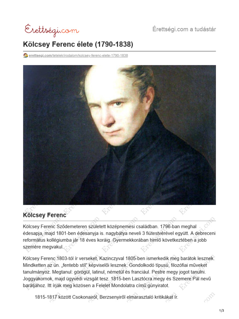 Kölcsey Ferenc Élete 1790-1838 | PDF