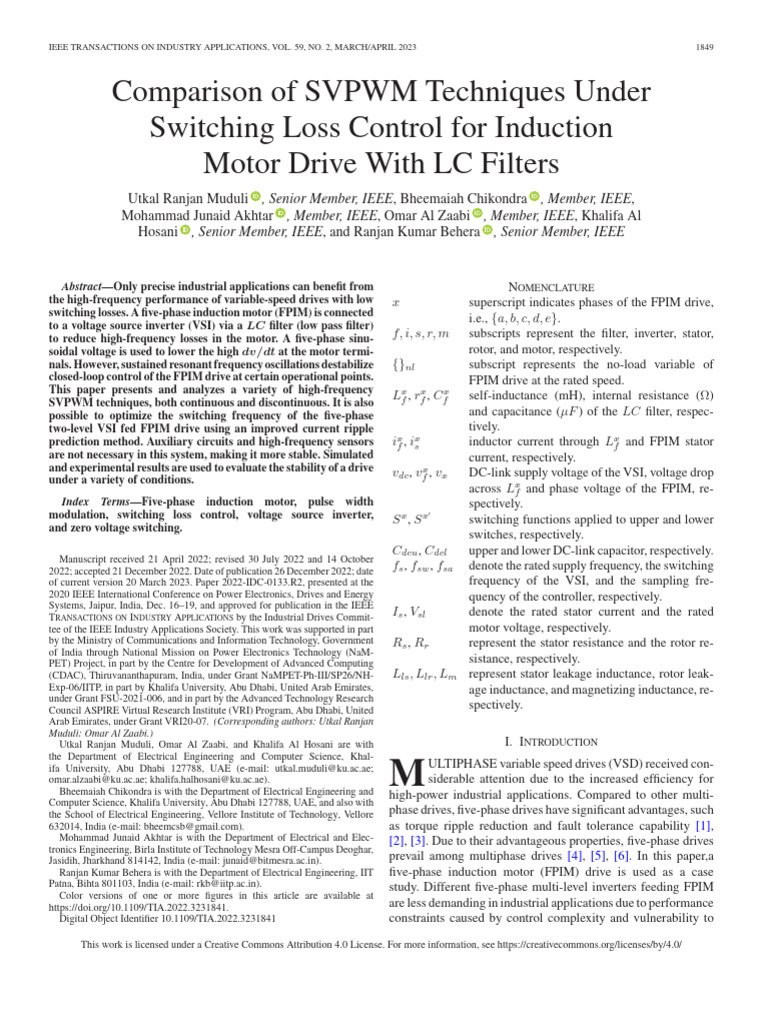 Comparison Of Svpwm Techniques Under Switching Loss Control For Induction Motor Drive With Lc