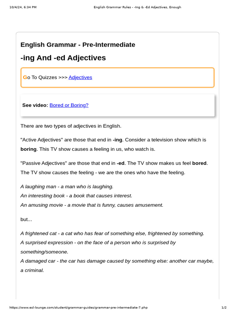 English Grammar Rules - -Ing & -Ed Adjectives, Enough | PDF