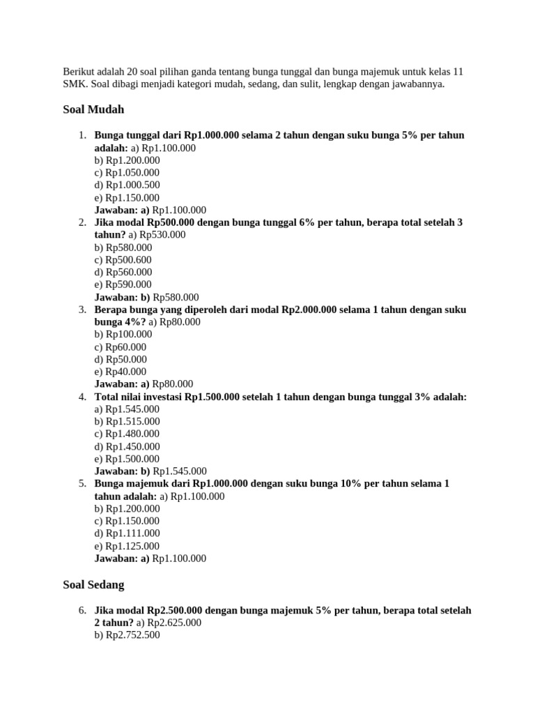 Berikut Adalah 20 Soal Pilihan Ganda Tentang Bunga Tunggal Dan Bunga ...