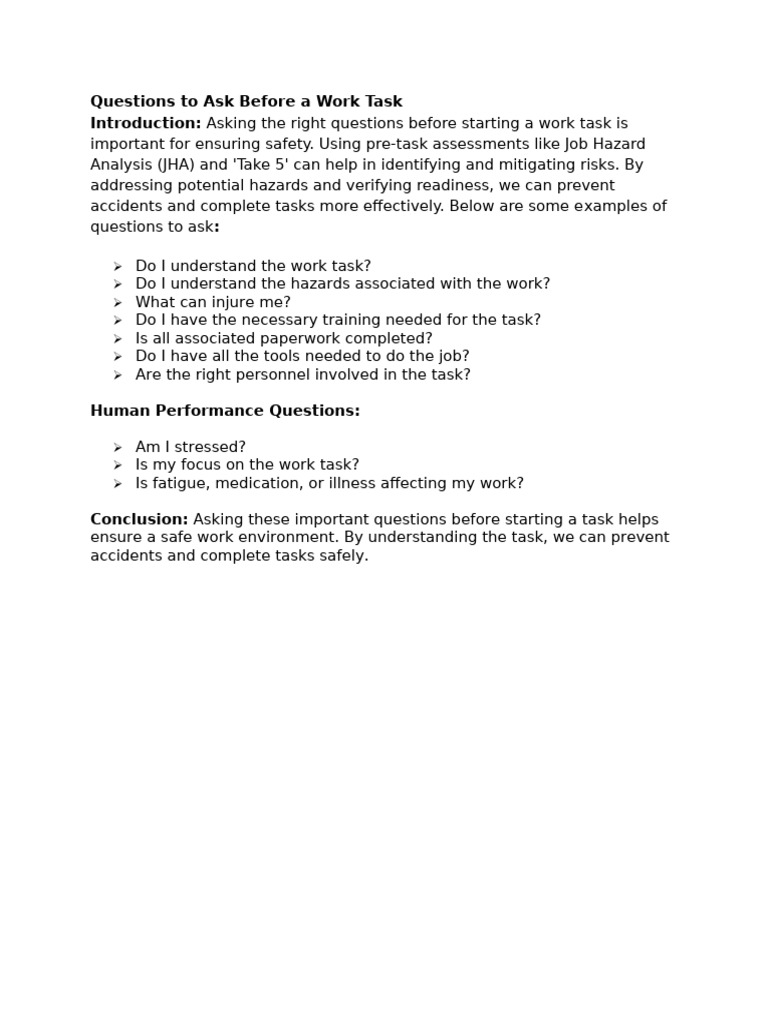 Questions To Ask Before A Work Task | PDF
