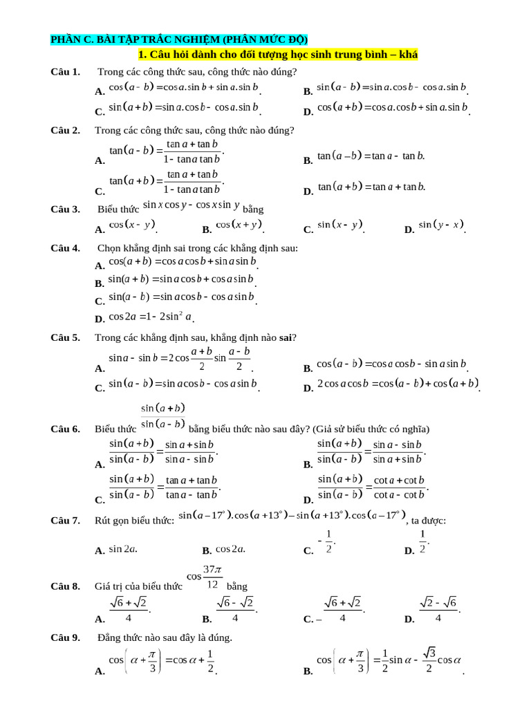 C1 - Bài 2. Công TH C Lư NG Giác - CH | PDF