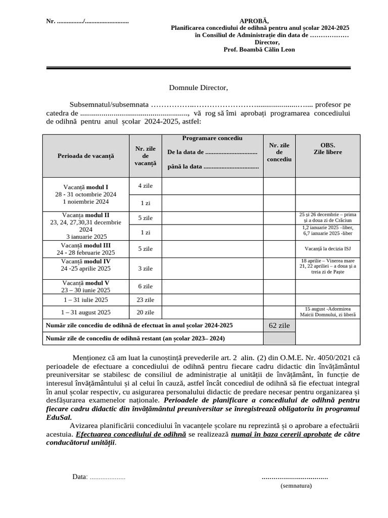 Cerere Programare Concediu 2024 - 2025 | PDF