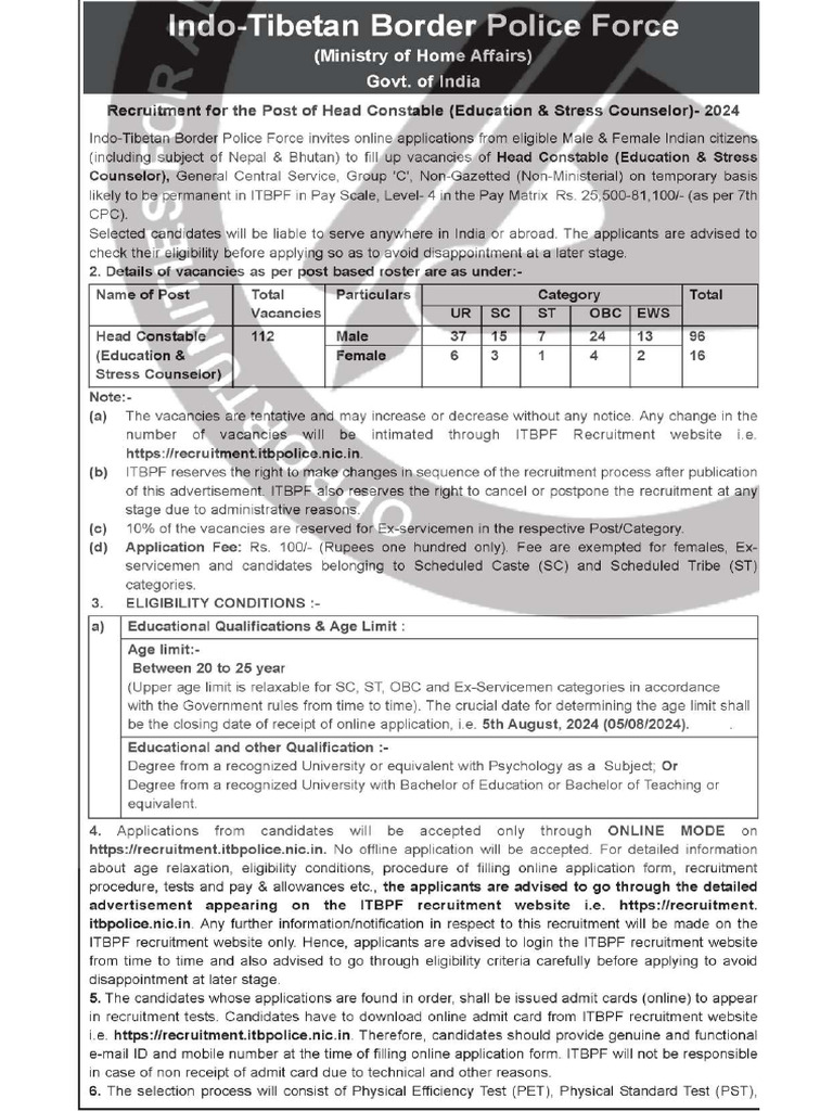 ITBP Head Constable Notification 2024 Indgovtjobs | PDF