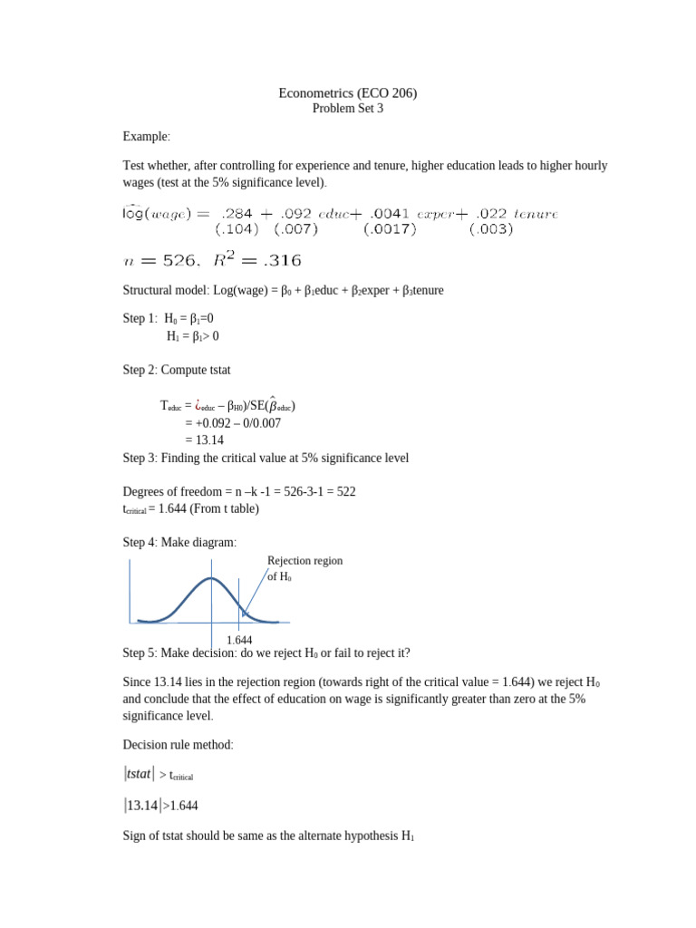 Econometrics (Eco 206) : Rejection Region Ofh | PDF