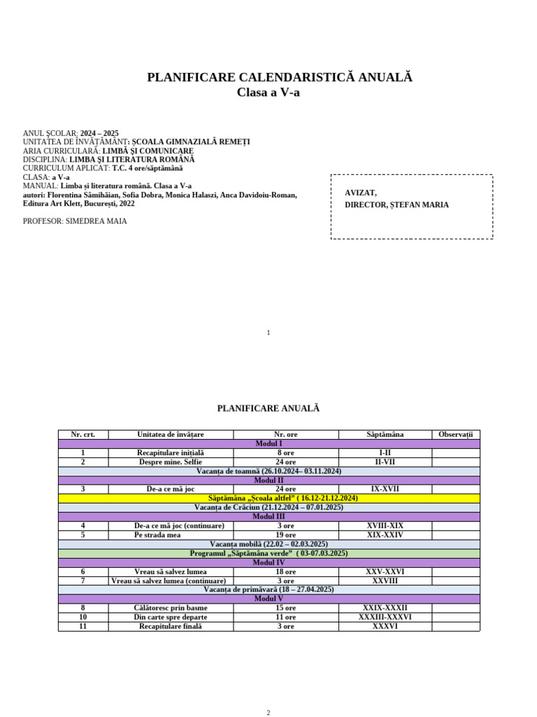 Planificare - Anuala - Clasa A V-A - Maia Simedrea | PDF