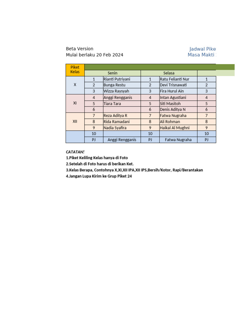 Jadwal Piket Adiwiyata - Beta | PDF
