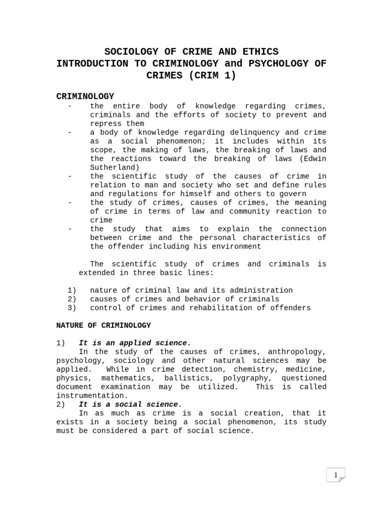 Introduction To Criminology and Psychology of Crimes | PDF