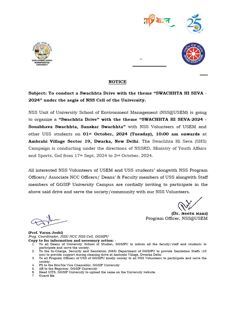 Notice-To Conduct An Swachhta Drive by NSS Unit of USEM at Amberai Village On 1st Oct2024fhrfb | PDF