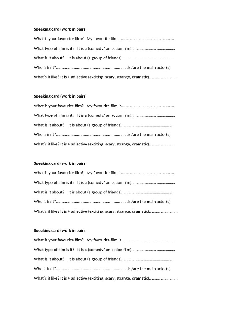 Speaking Card MY FAVOURITE FILM | PDF | Games & Activities | Art