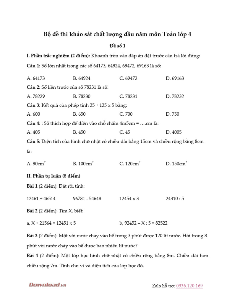 Bo de Khao Sat Chat Luong Dau Nam Mon Toan Lop 4 | PDF
