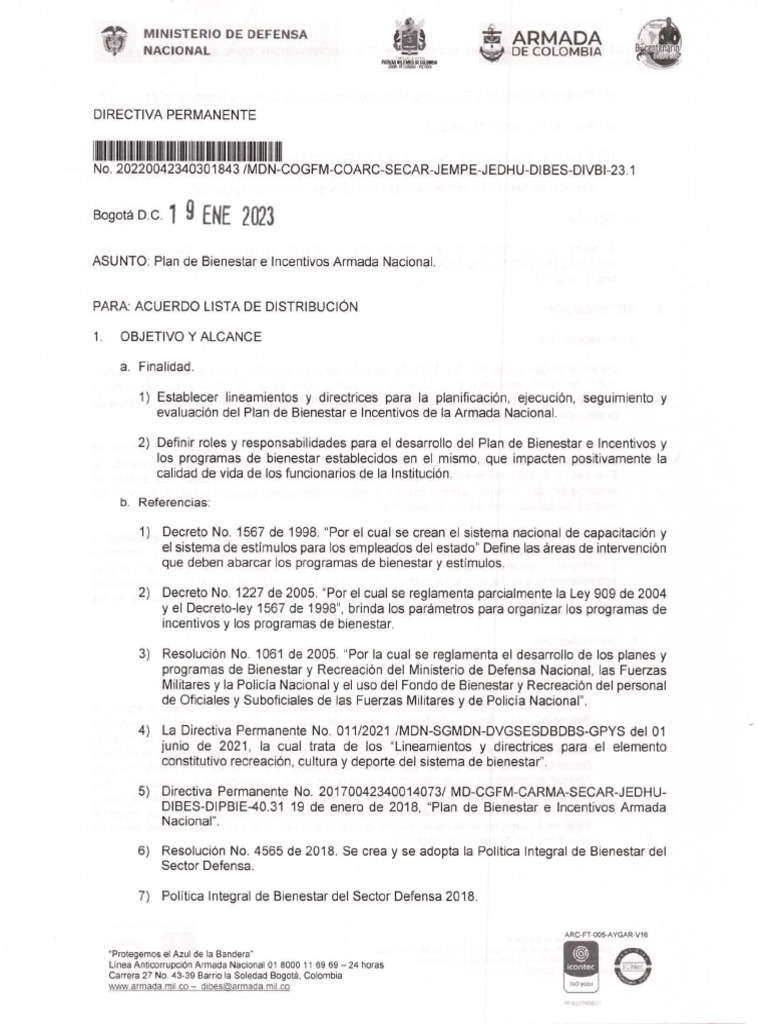 DP Plan de Bienestar e Incentivo Armada Nacaional | PDF