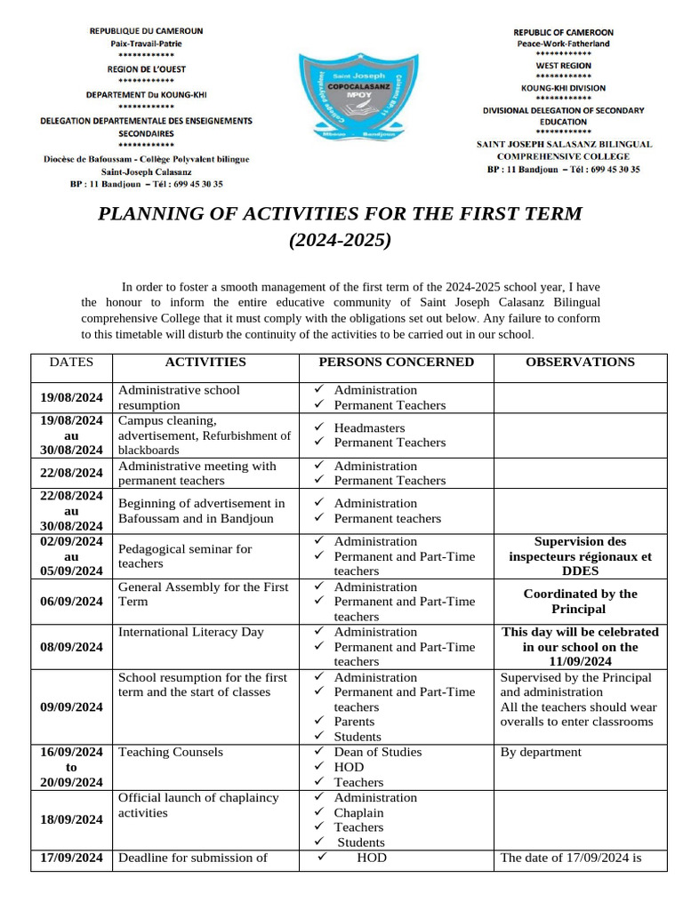 Planning of Activities For The First Term (2024-2025) | PDF