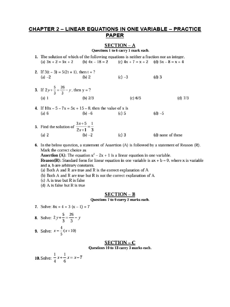 Chapter 2 - Linear Equations in One Variable - Practice Paper | PDF