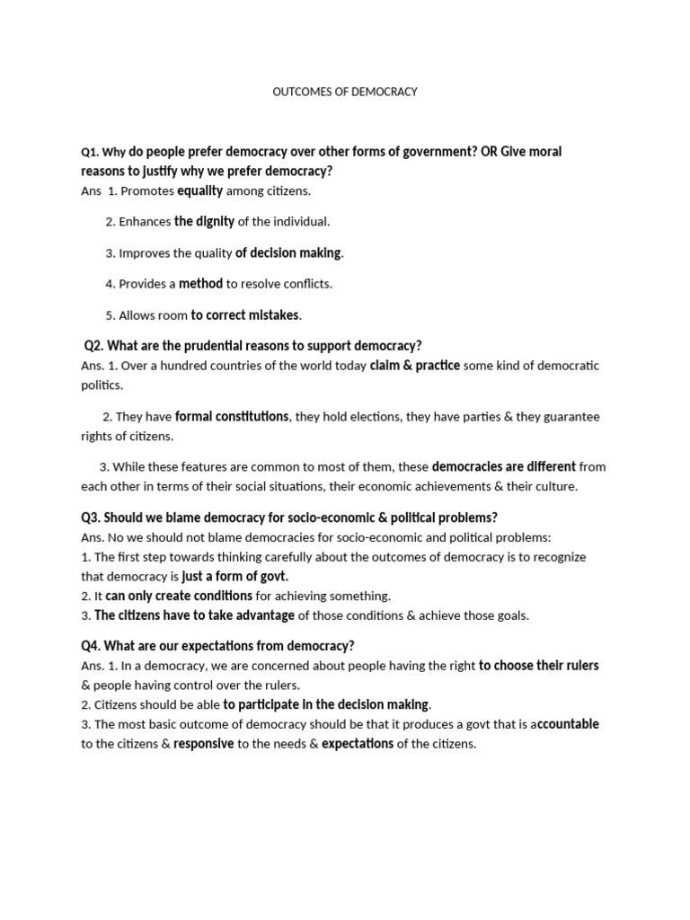 Class 10 Outcomes of Democracy Notes | PDF | Democracy | Finance ...