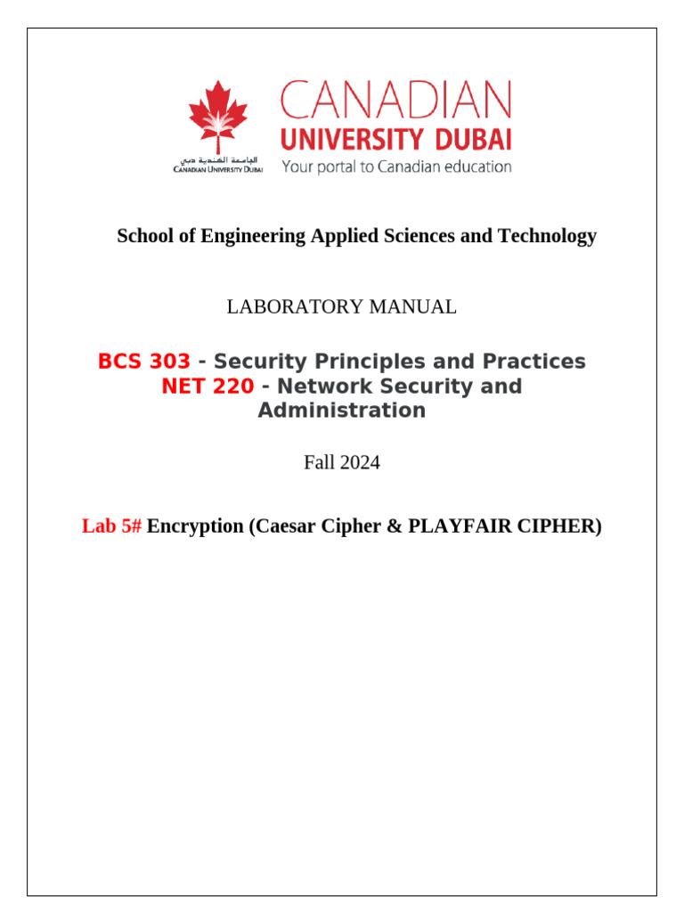 Lab 5 - Encryption (Caesar Cipher and PLAYFAIR CIPHER | PDF
