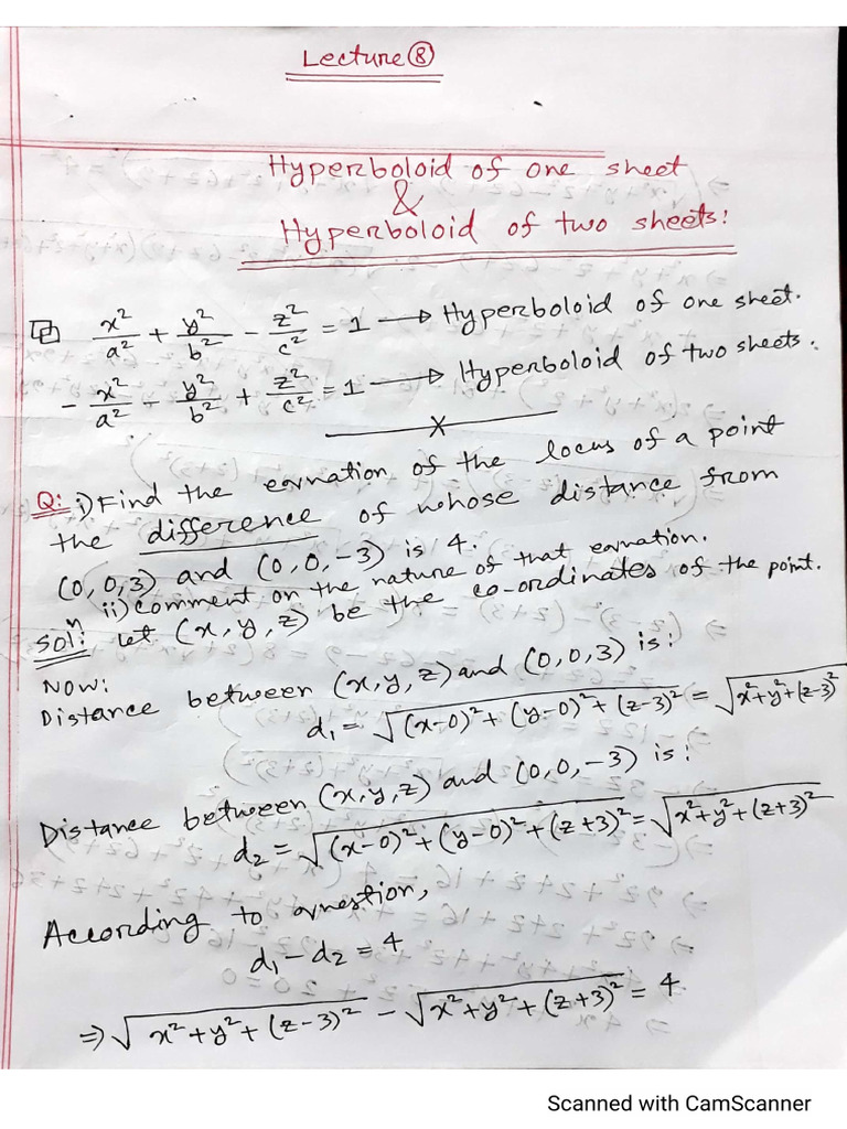 Lec 8 , Hyperboloid of 1 & 2 Sheets | PDF