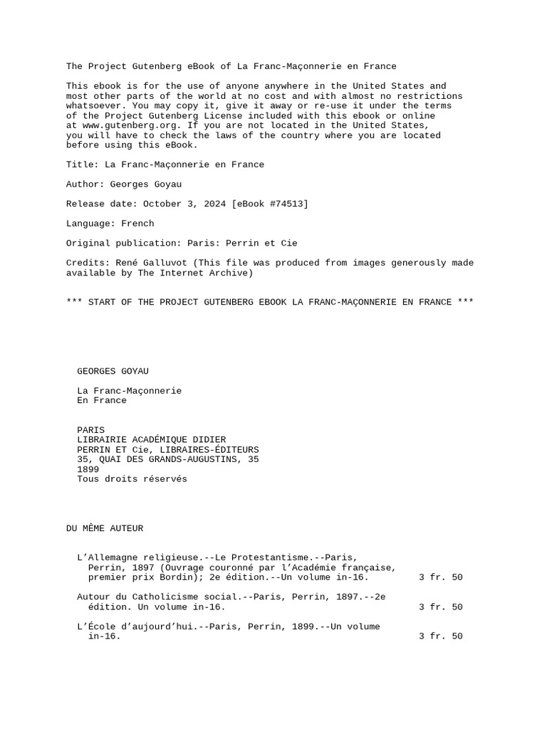 The Project Gutenberg Ebook of La Franc-Maçonnerie en France | PDF