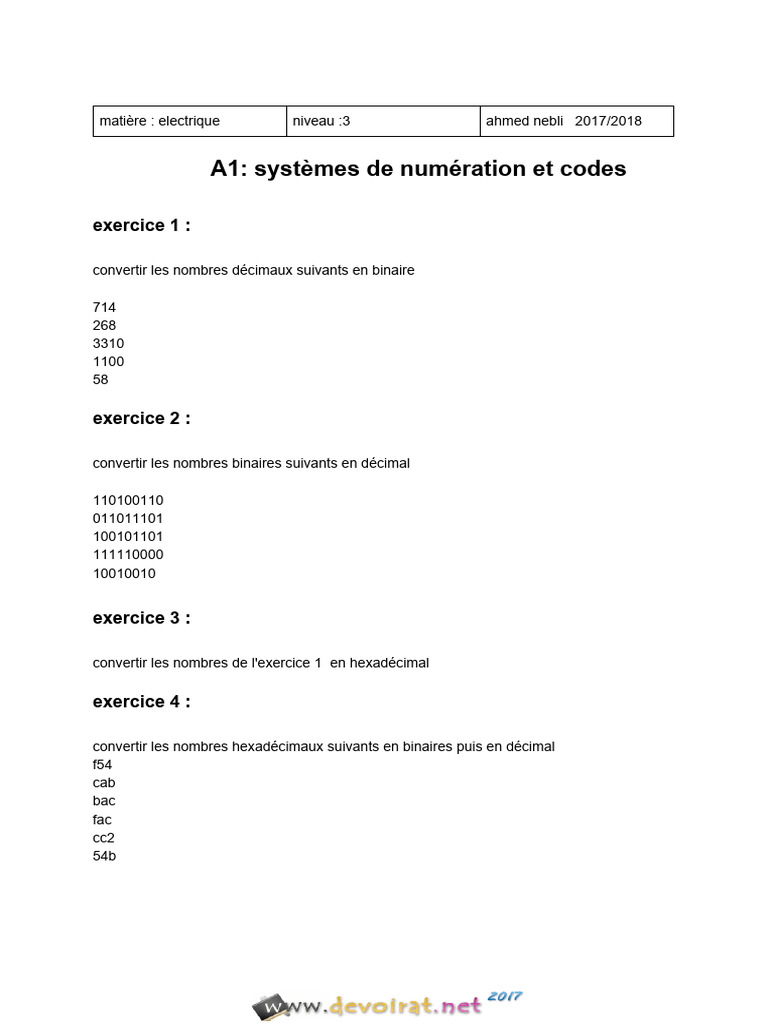 Série D'exercices N°1 - Génie Électrique - A1 Systèmes de Numération Et Codes - 3ème Technique ...